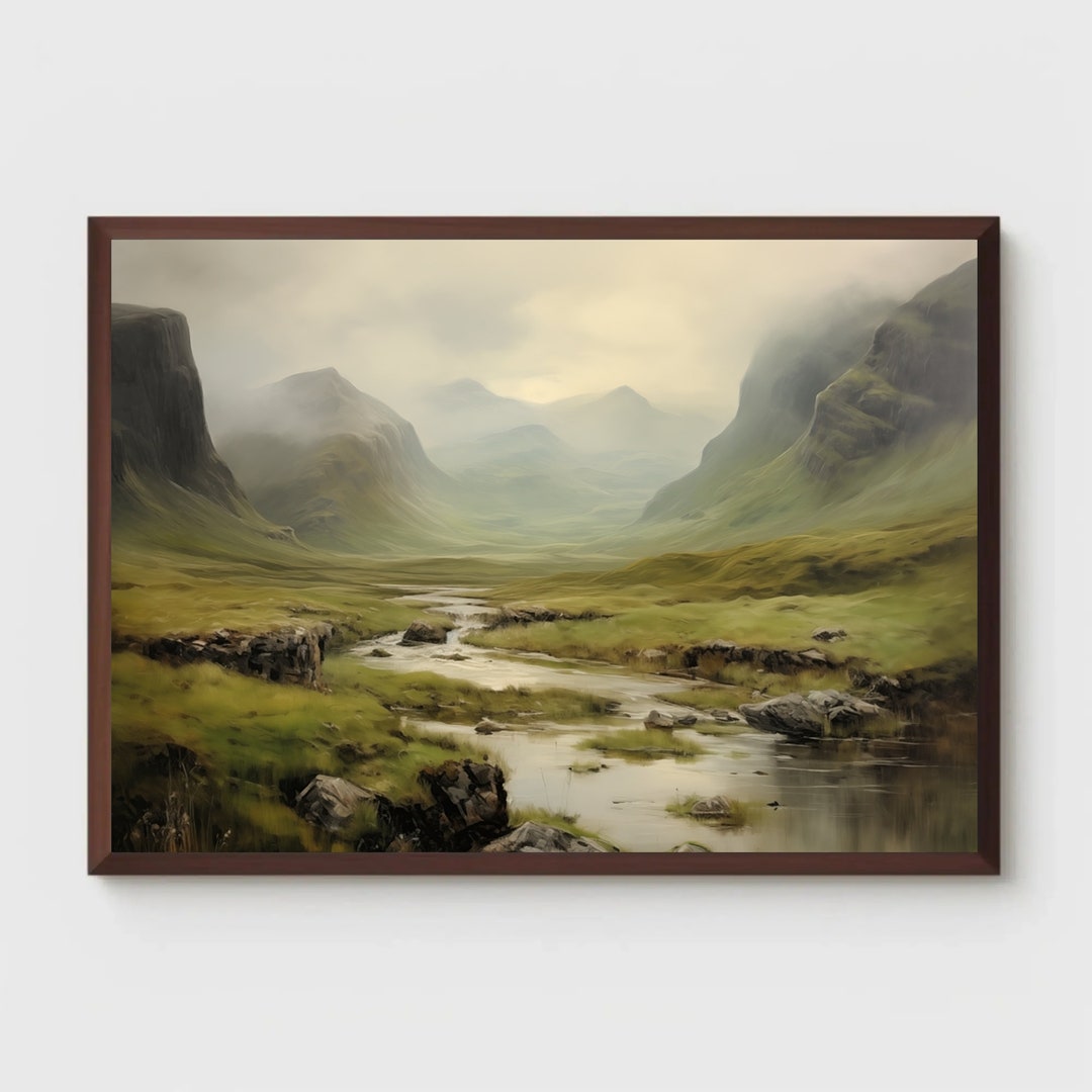 Valley Art Print | River Poster | Green Field Decoration | Cloudy Hills ...