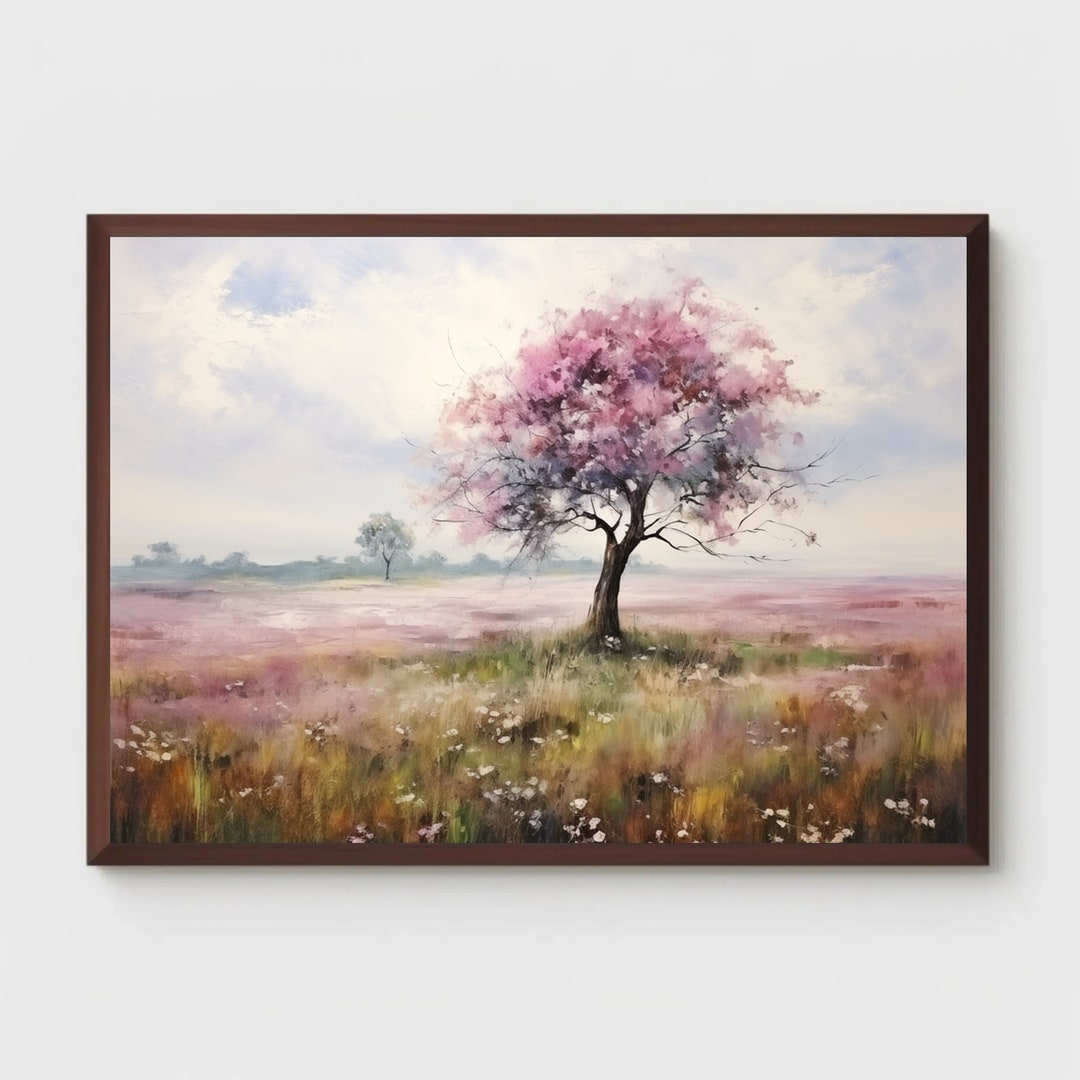 Pink Tree Art Print | Pink Flower Field Poster | Tree Painting | White ...