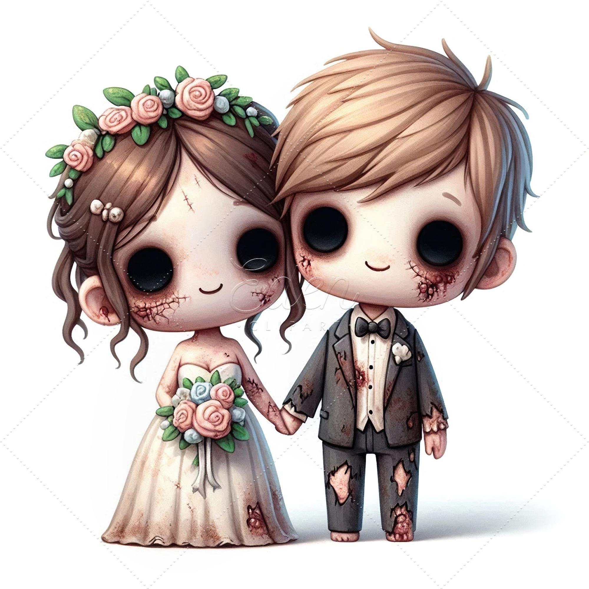 10 Zombie Couples Wedding Clipart • Cartoon Zombie Bride & Groom ...