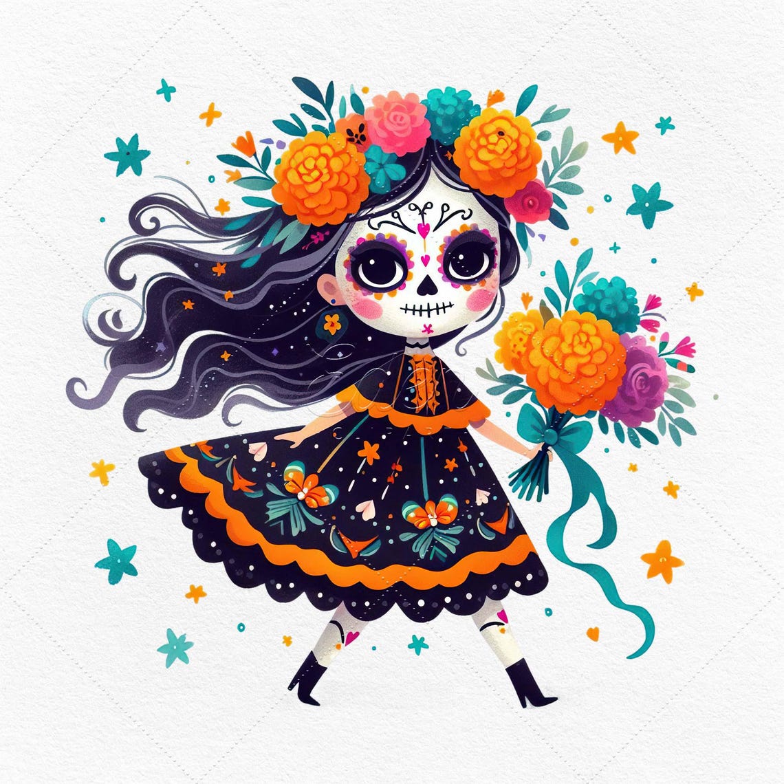 10 Cute Watercolor Catrina Clip Art Day of the Dead Clipart PNG JPG ...