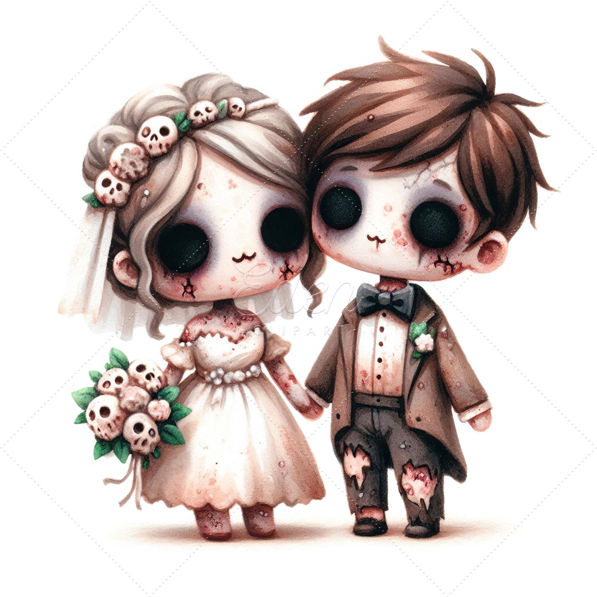 10 Zombie Couples Wedding Clipart • Cartoon Zombie Bride & Groom ...