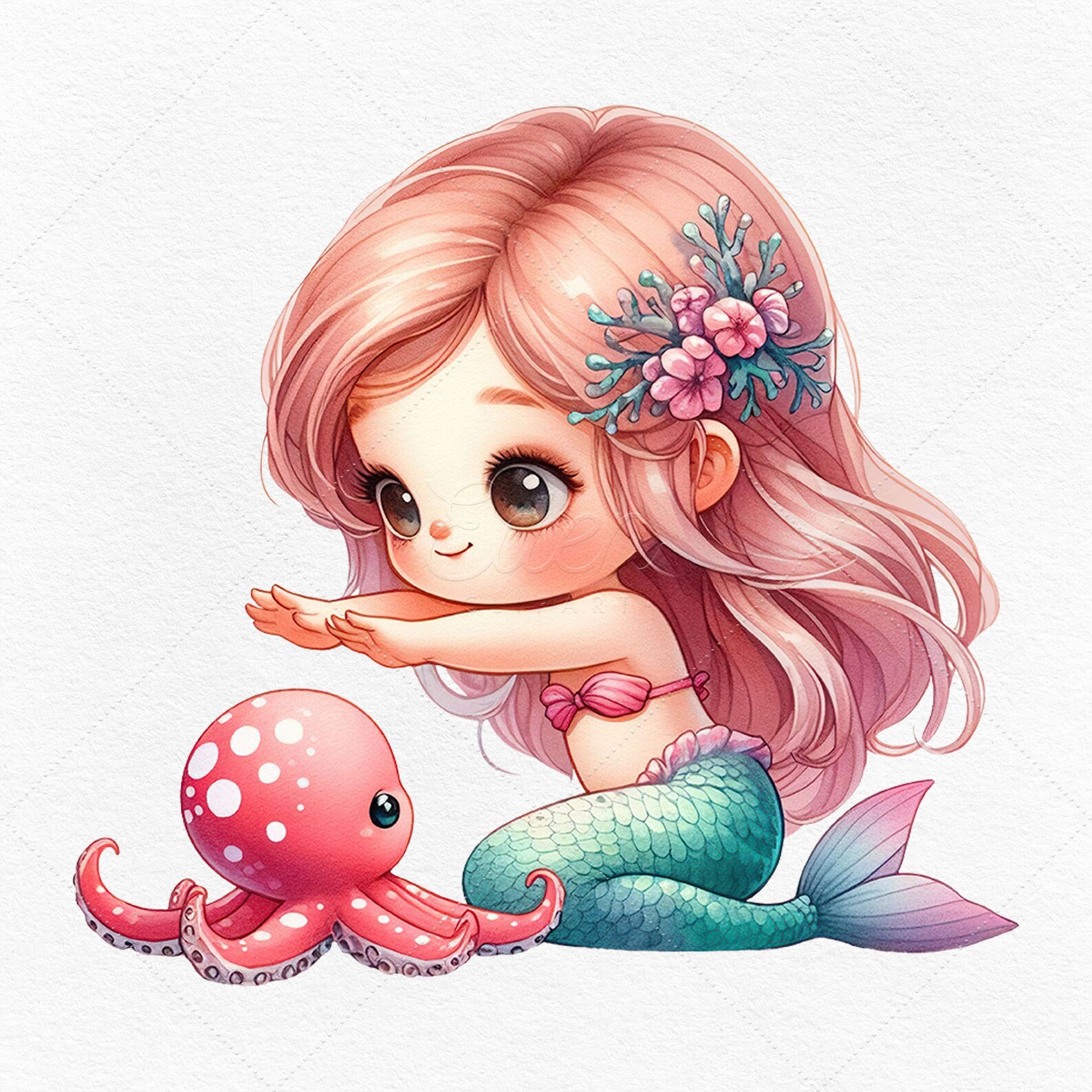 6 Cute Mermaid Clipart Images • Watercolor PNG Clip Art • JPG Digital ...