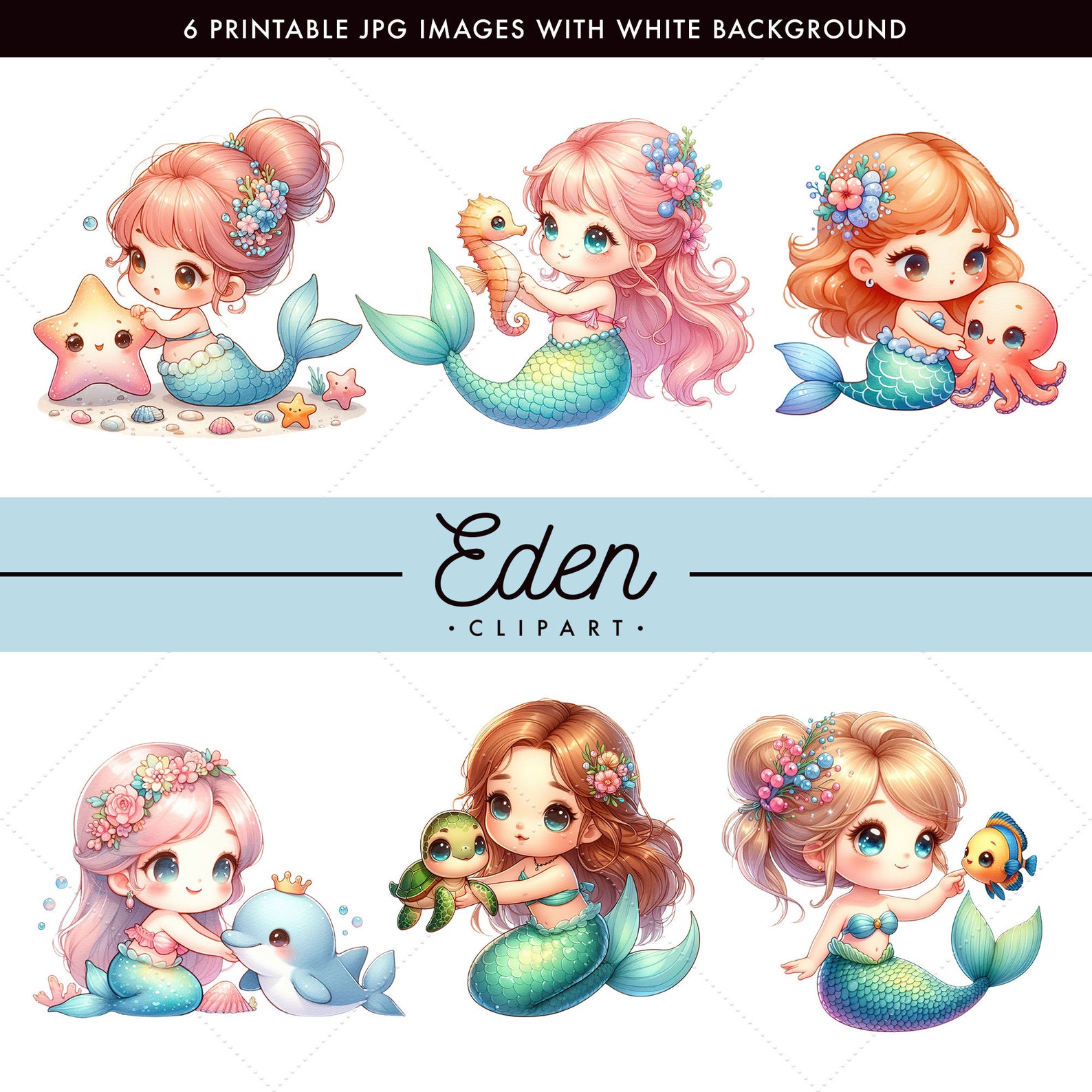 6 Cute Mermaid Clipart Images • Watercolor PNG Clipart • JPG Digital ...