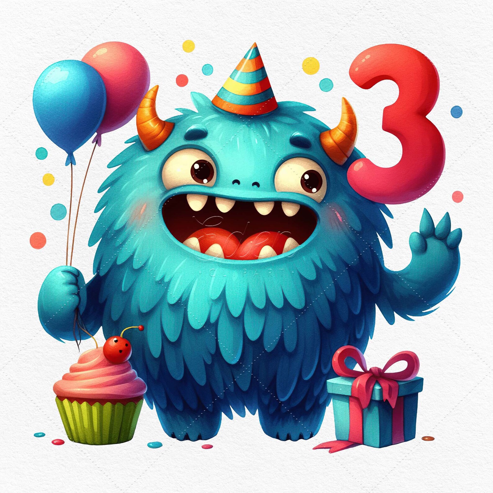 Third Birthday Watercolor Monster Clipart • High Quality PNG + JPG ...