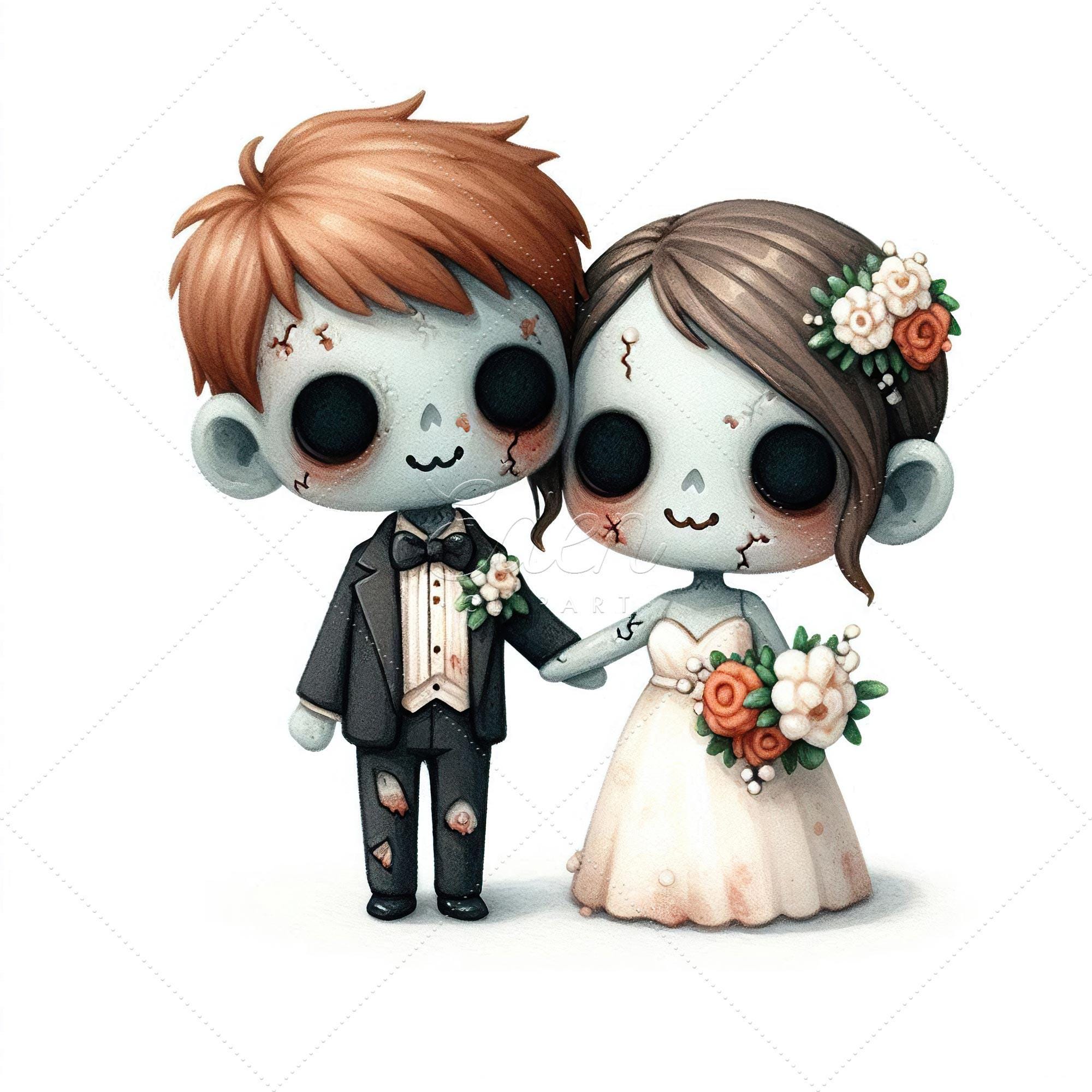 10 Zombie Couples Wedding Clipart • Cartoon Zombie Bride & Groom ...