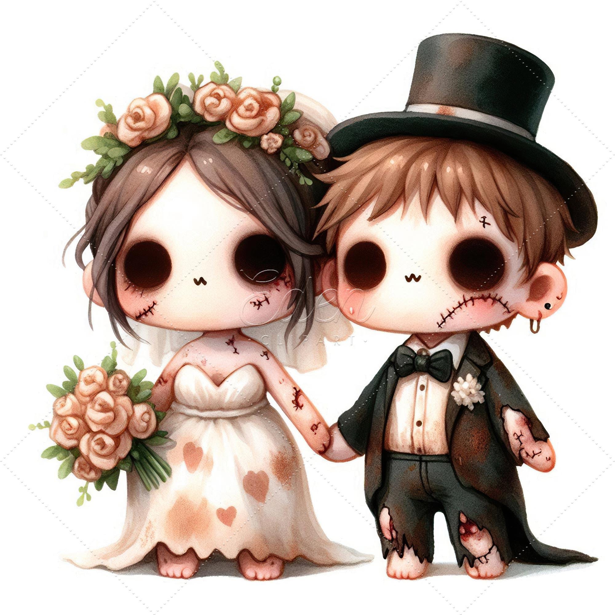10 Zombie Couples Wedding Clipart • Cartoon Zombie Bride & Groom ...
