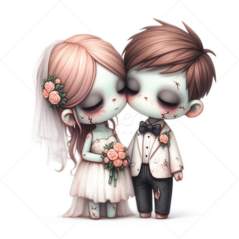 10 Zombie Couples Wedding Clipart • Cartoon Zombie Bride & Groom ...