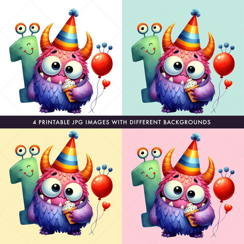 First Birthday Watercolor Monster Clip Art • High Quality PNG Clipart ...