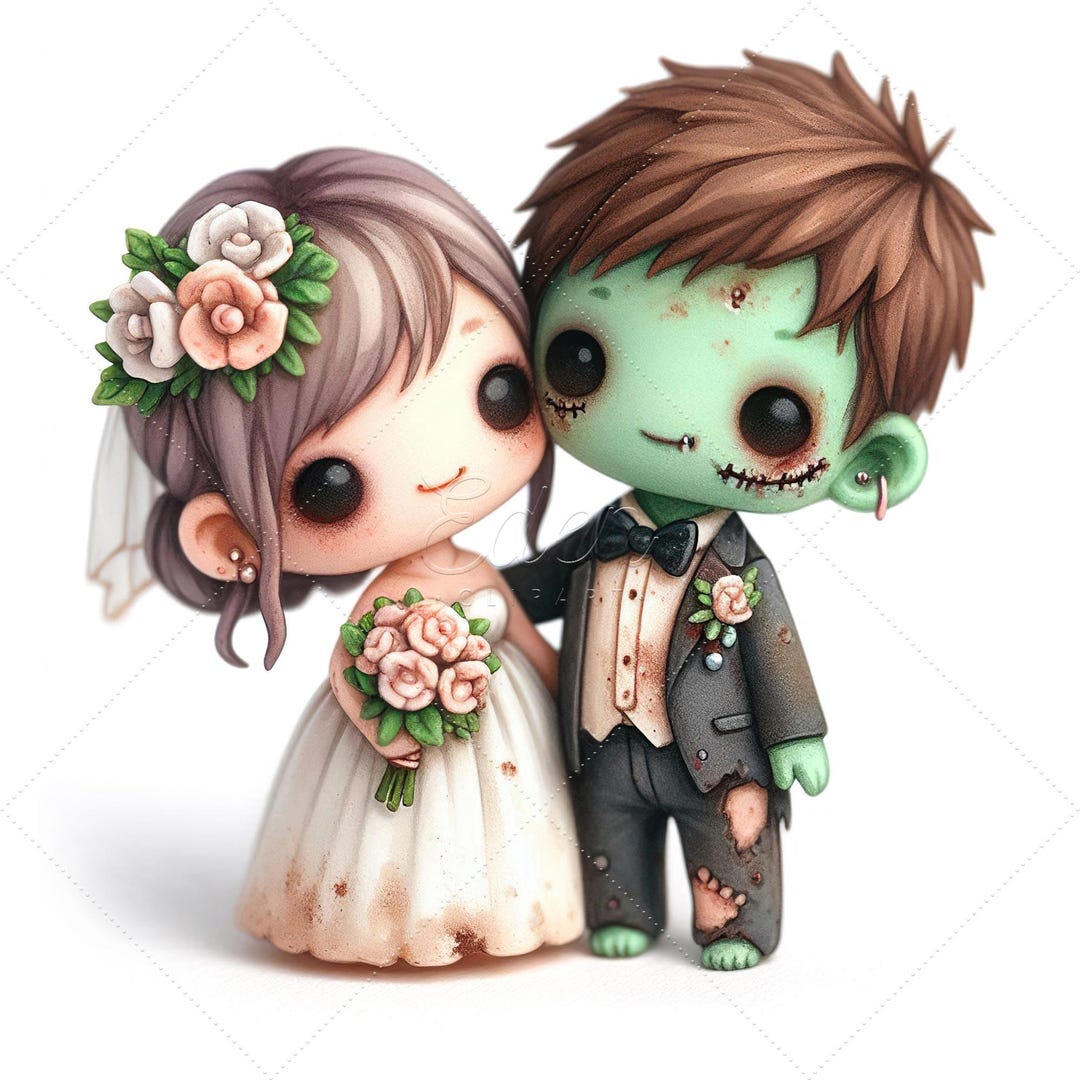 10 Zombie Couples Wedding Clipart • Cartoon Zombie Bride & Groom ...