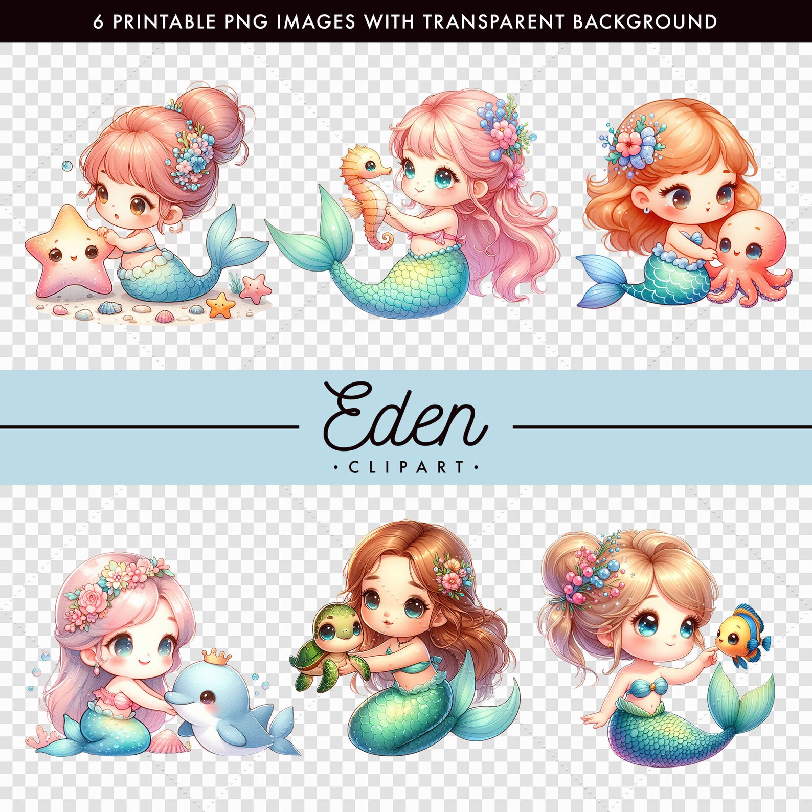 6 Cute Mermaid Clipart Images Watercolor PNG Clipart JPG Digital Files ...
