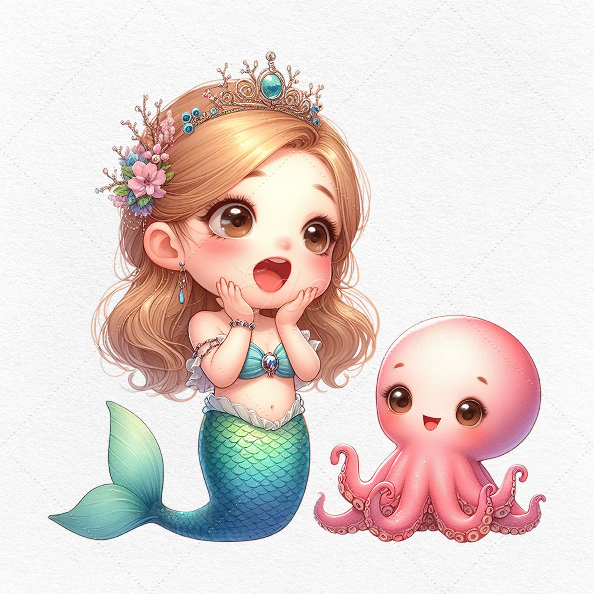 6 Adorable Mermaids Clipart • Little Mermaids With Cute Sea Animals ...