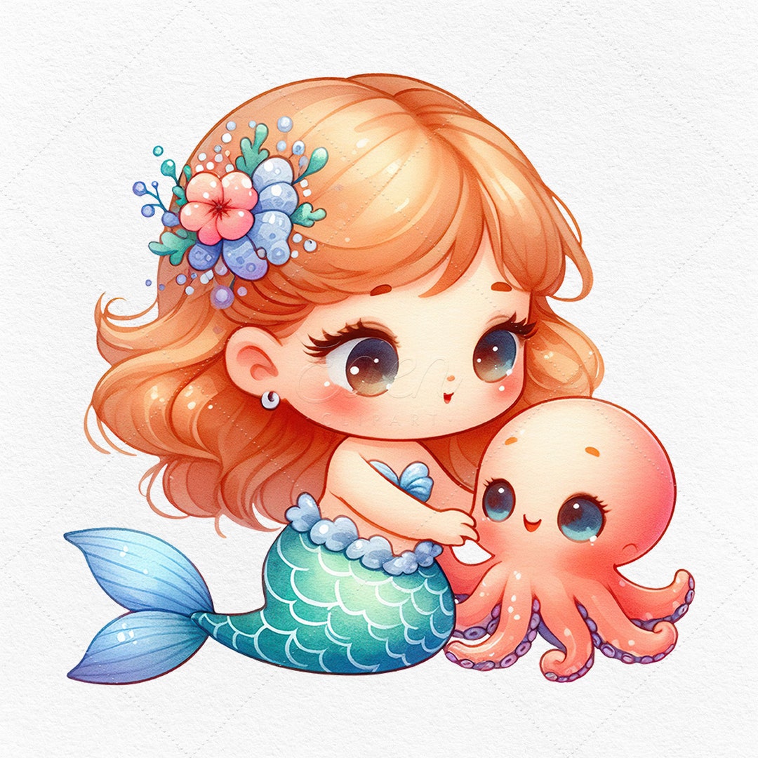 6 Cute Mermaid Clipart Images • Watercolor PNG Clipart • JPG Digital ...