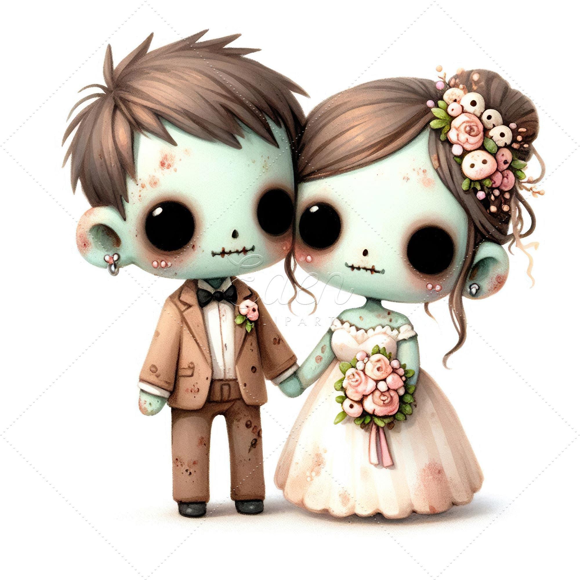 10 Zombie Couples Wedding Clipart • Cartoon Zombie Bride & Groom ...