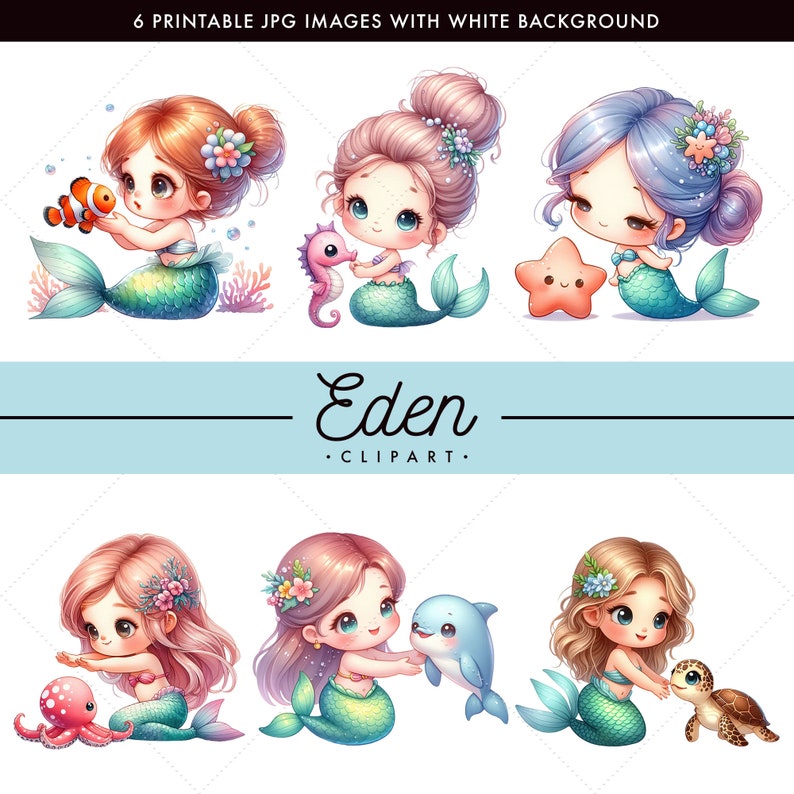 6 Cute Mermaid Clipart Images • Watercolor PNG Clip Art • JPG Digital ...