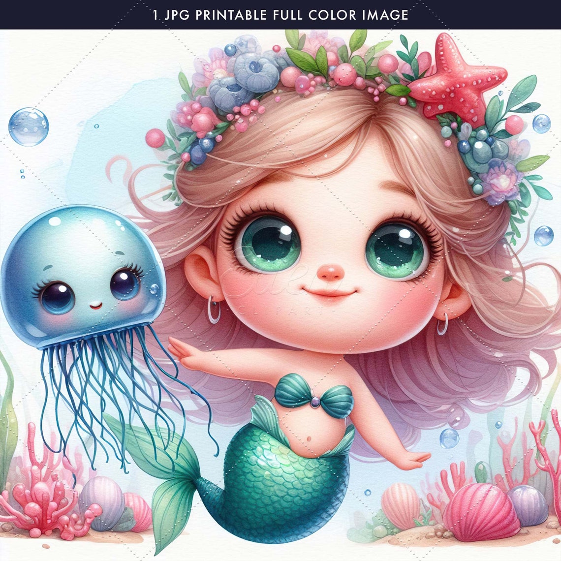 Cute Mermaid JPG Digital Download Sublimation Design Extra Coloring ...