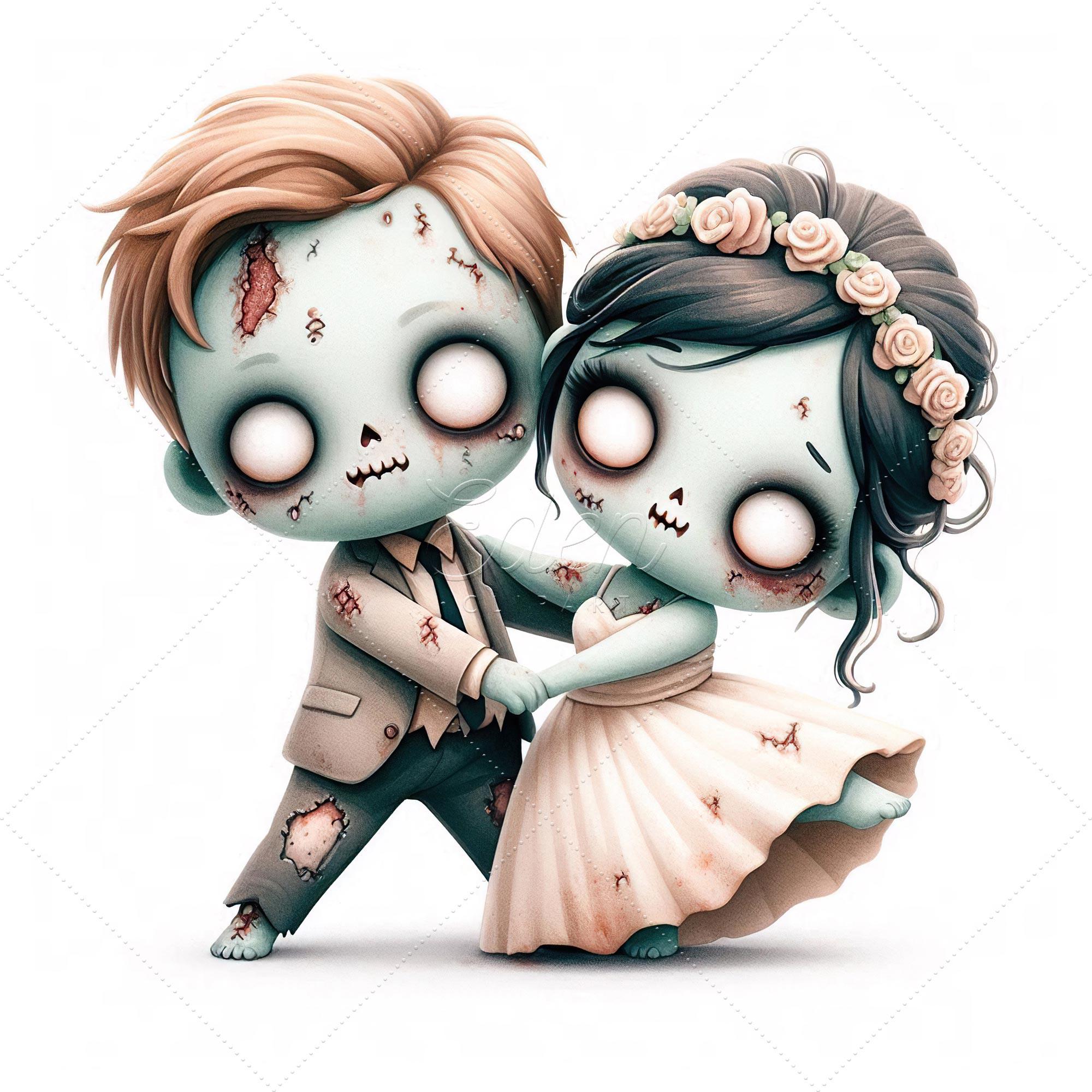 10 Zombie Couples Wedding Clipart • Cartoon Zombie Bride & Groom ...