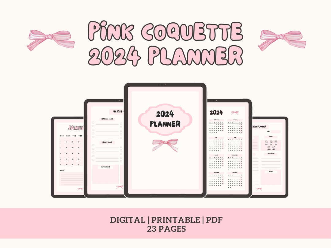 Pink Coquette 2024 Planner Cute Pink Bow Digital Printable Planner I ...