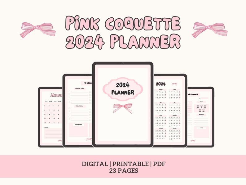 Pink Coquette 2024 Planner Cute Pink Bow Digital Printable Planner I ...