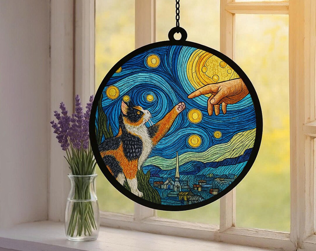 Calico Cat Touching Human Hand GLASS Suncatcher Hanging, Calico Cat ...