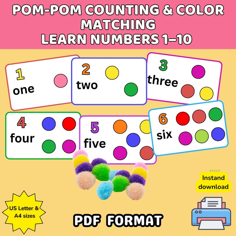 Pom-pom Counting & Color Matching Cards 1–10 | Math Activity | Number ...