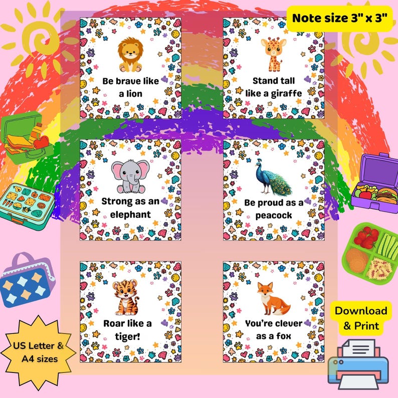 Animal Lunchbox Notes for Kids – Motivational Printable Cards (PDF) - Etsy