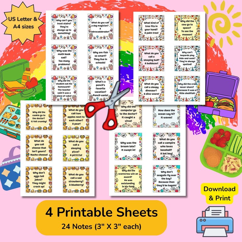 24 Printable Funny Giggle Lunchbox Notes for Kids – Cute Joke Cards ...