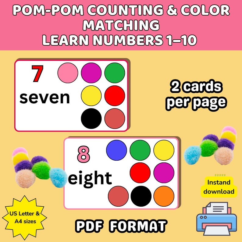 Pom-pom Counting & Color Matching Cards 1–10 | Math Activity | Number ...