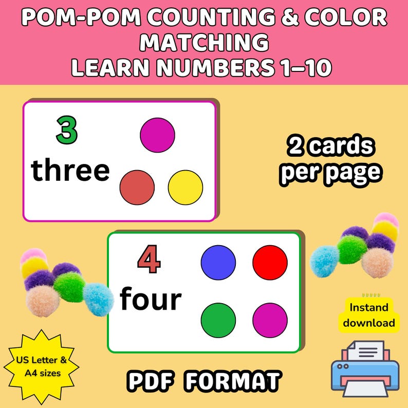 Pom-pom Counting & Color Matching Cards 1–10 | Math Activity | Number ...