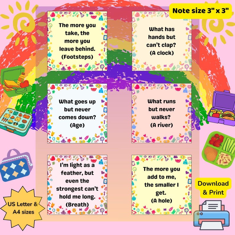 24 Printable Fun Riddles Lunchbox Notes for Kids | Joke Cards | School ...