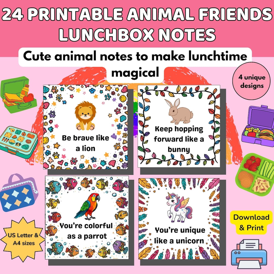 24 Printable Animal Friends Lunchbox Notes for Kids – Cute Motivational ...