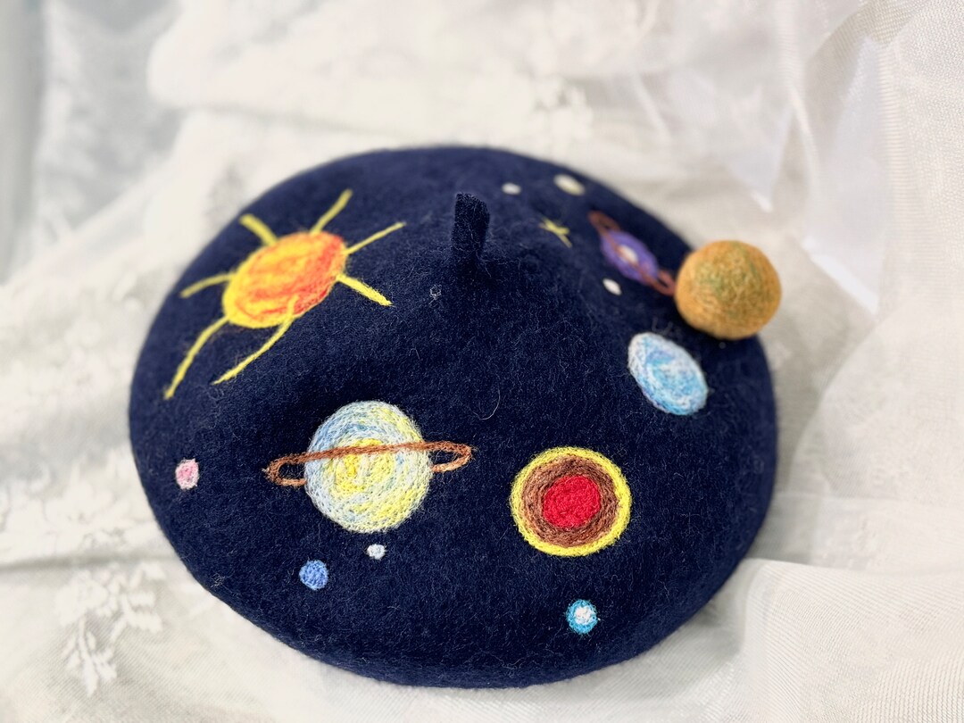 Felt Solar System Beret | Wool Needle Planet Beret Hat | Fall Winter ...