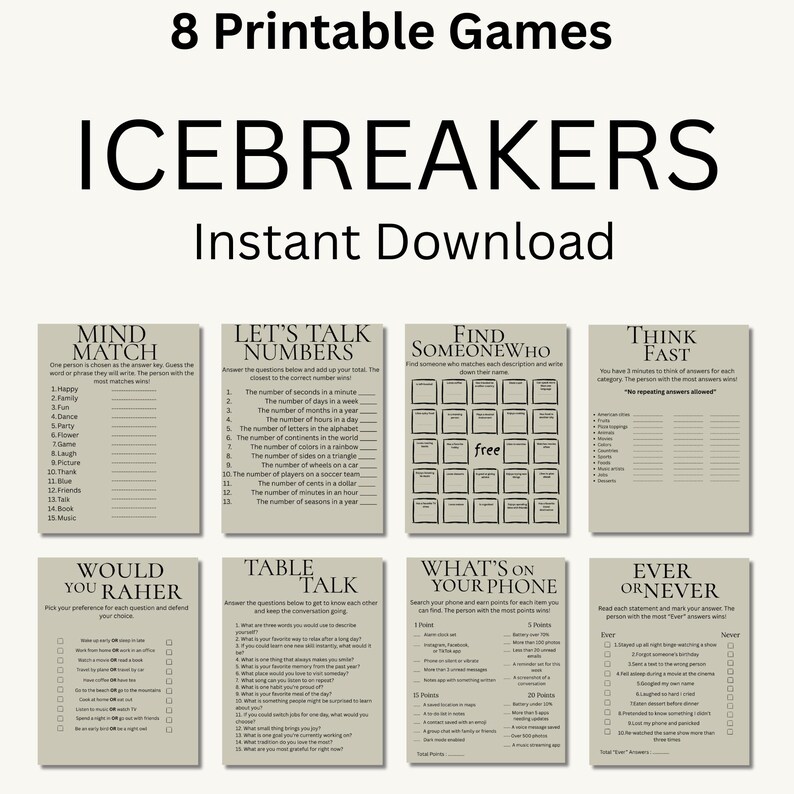 Icebreaker Games Printable | Conversation Starters | Get to Know You ...