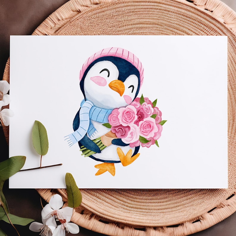 Penguin in Love, 2 Cute Watercolor Penguin Clipart, Valentine's Day PNG ...
