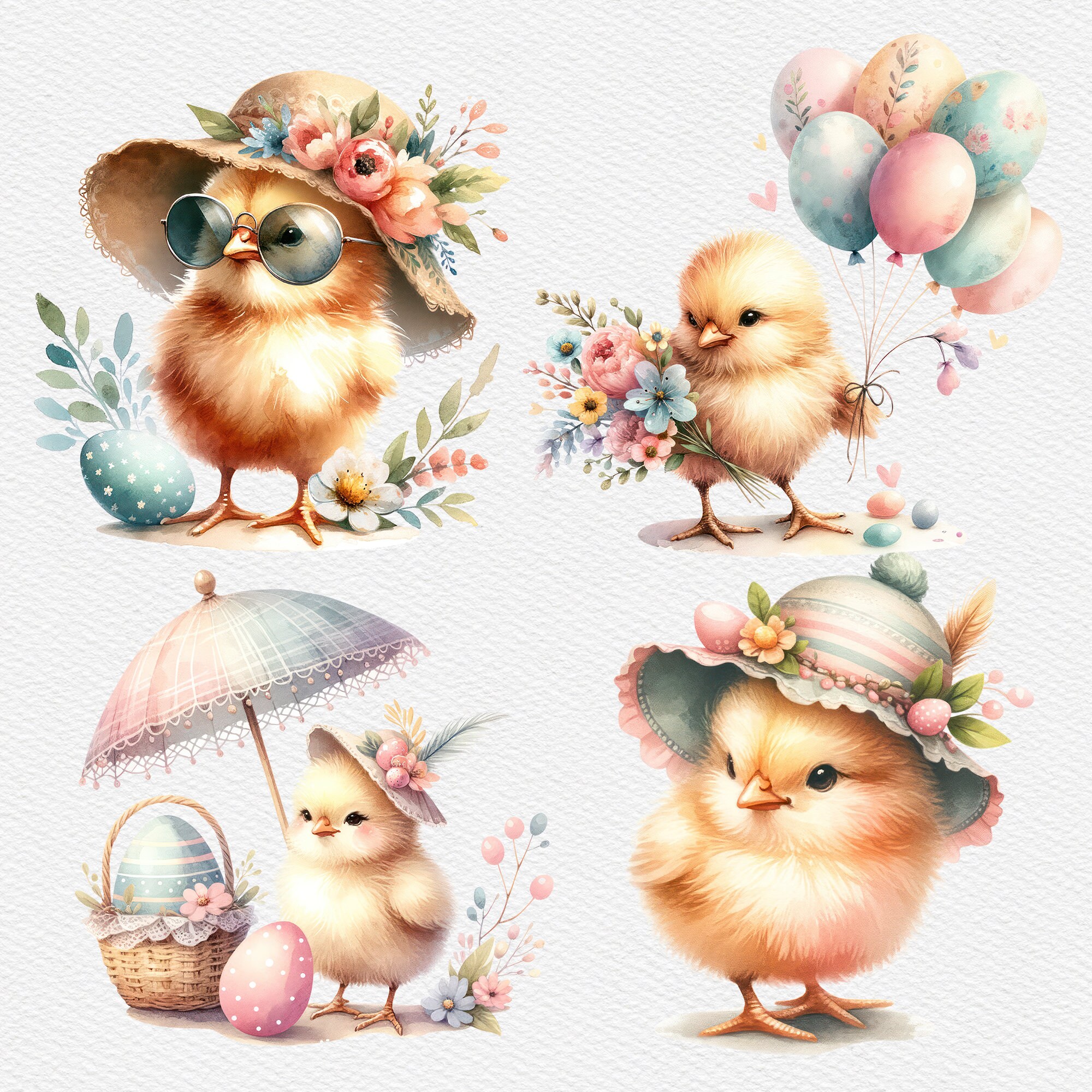 20 Watercolor Easter Chick Clipart, Cute Chick Clipart, Spring Flowers ...