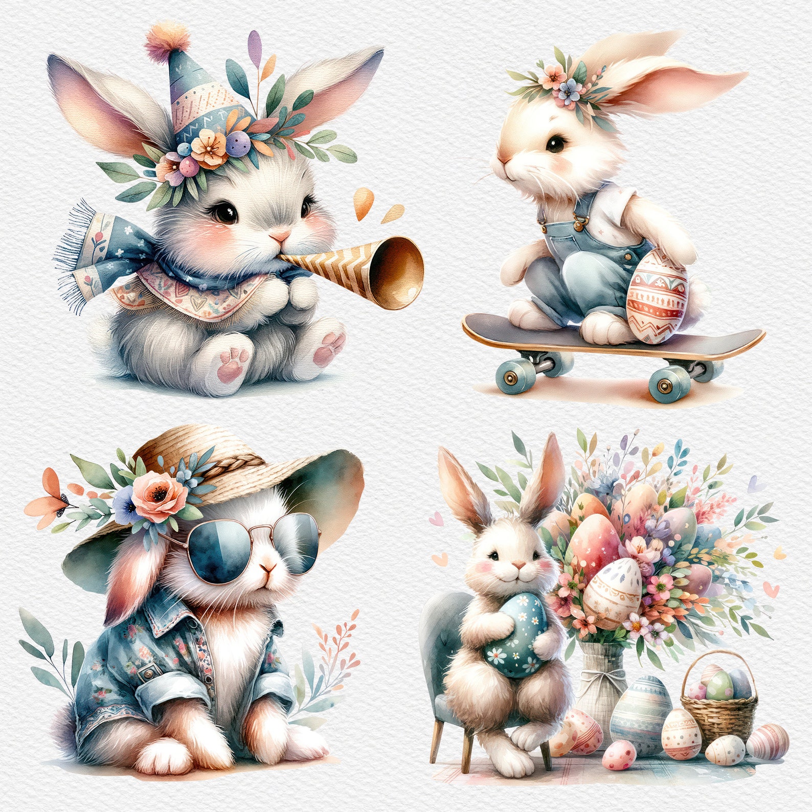 Watercolor Easter Bunny Clipart, Easter Clipart, Spring, Cute Bunnies ...