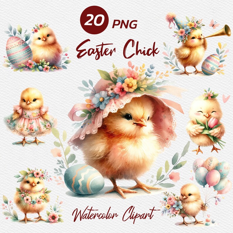20 Watercolor Easter Chick Clipart, Cute Chick Clipart, Spring Flowers ...