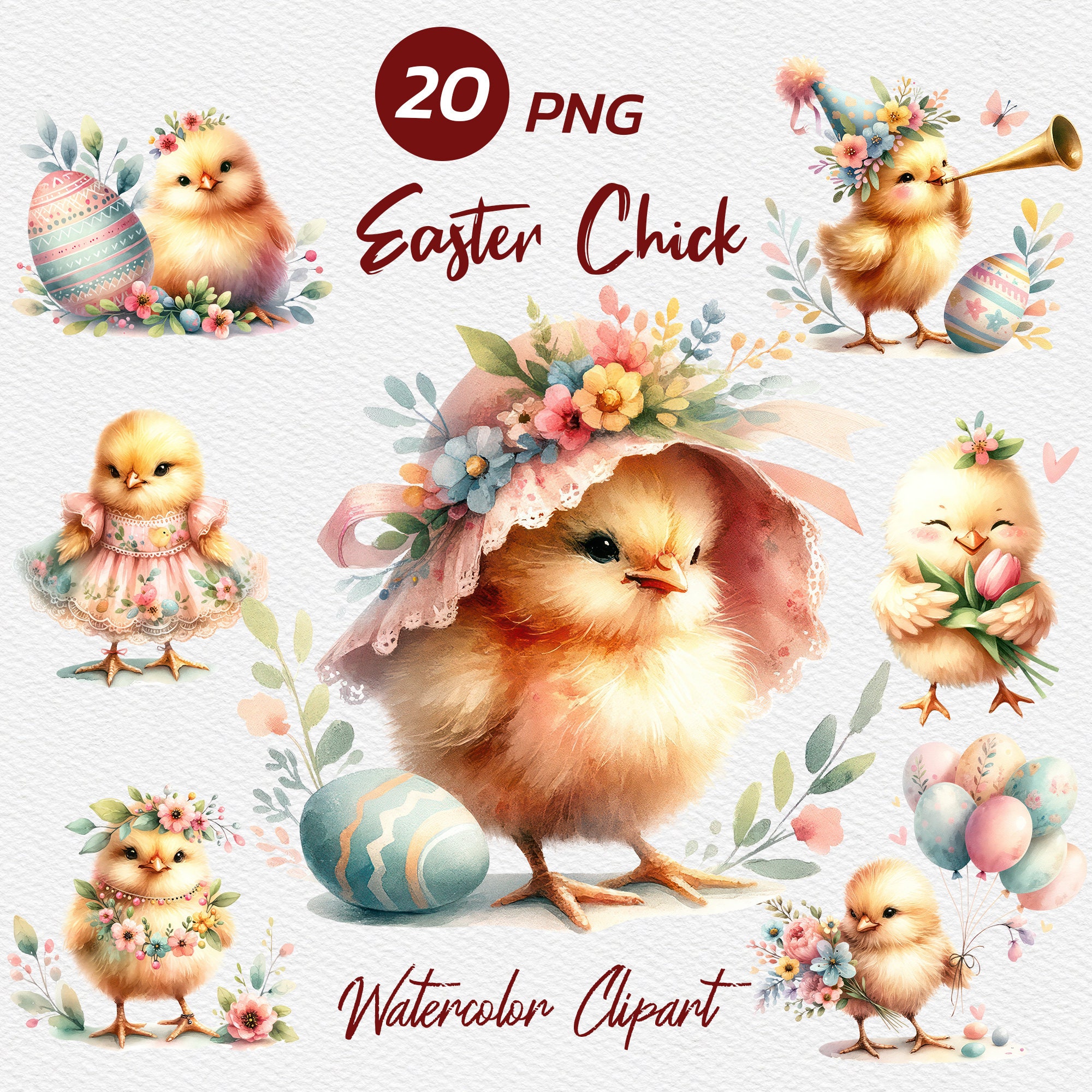 20 Watercolor Easter Chick Clipart, Cute Chick Clipart, Spring Flowers ...