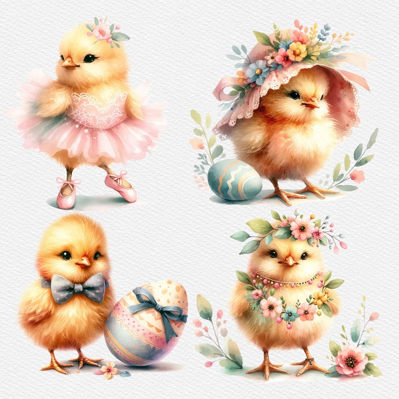 20 Watercolor Easter Chick Clipart, Cute Chick Clipart, Spring Flowers ...
