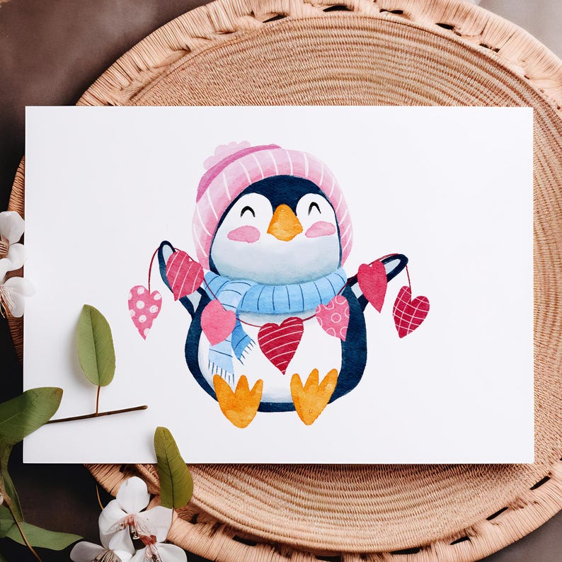Penguin in Love, 2 Cute Watercolor Penguin Clipart, Valentine's Day PNG ...