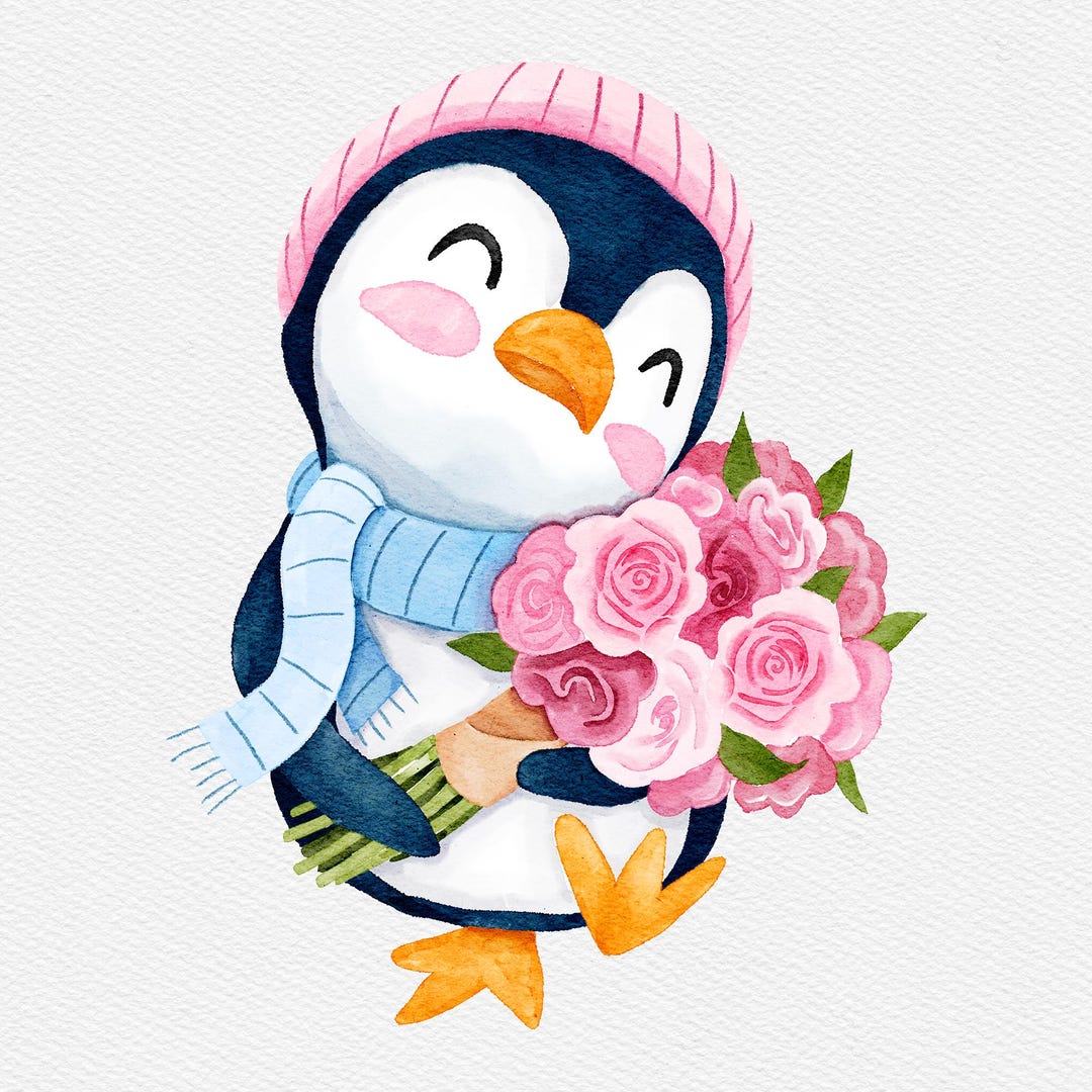 Penguin in Love, 2 Cute Watercolor Penguin Clipart, Valentine's Day PNG ...