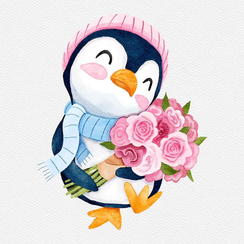 Penguin in Love, 2 Cute Watercolor Penguin Clipart, Valentine's Day PNG ...