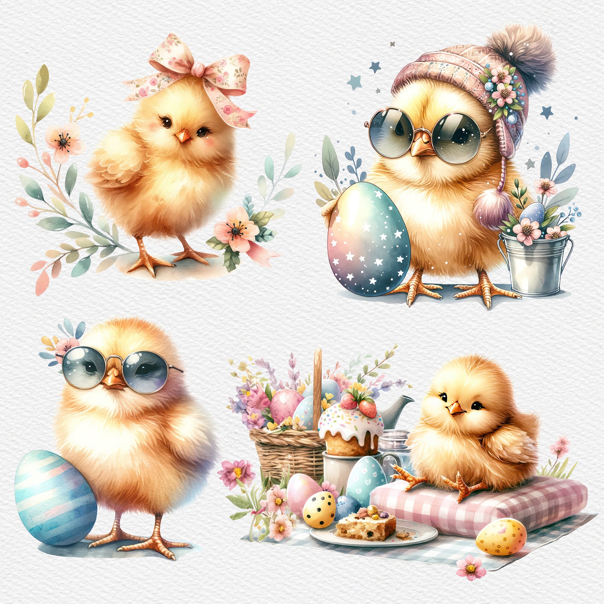 20 Watercolor Easter Chick Clipart, Cute Chick Clipart, Spring Flowers ...