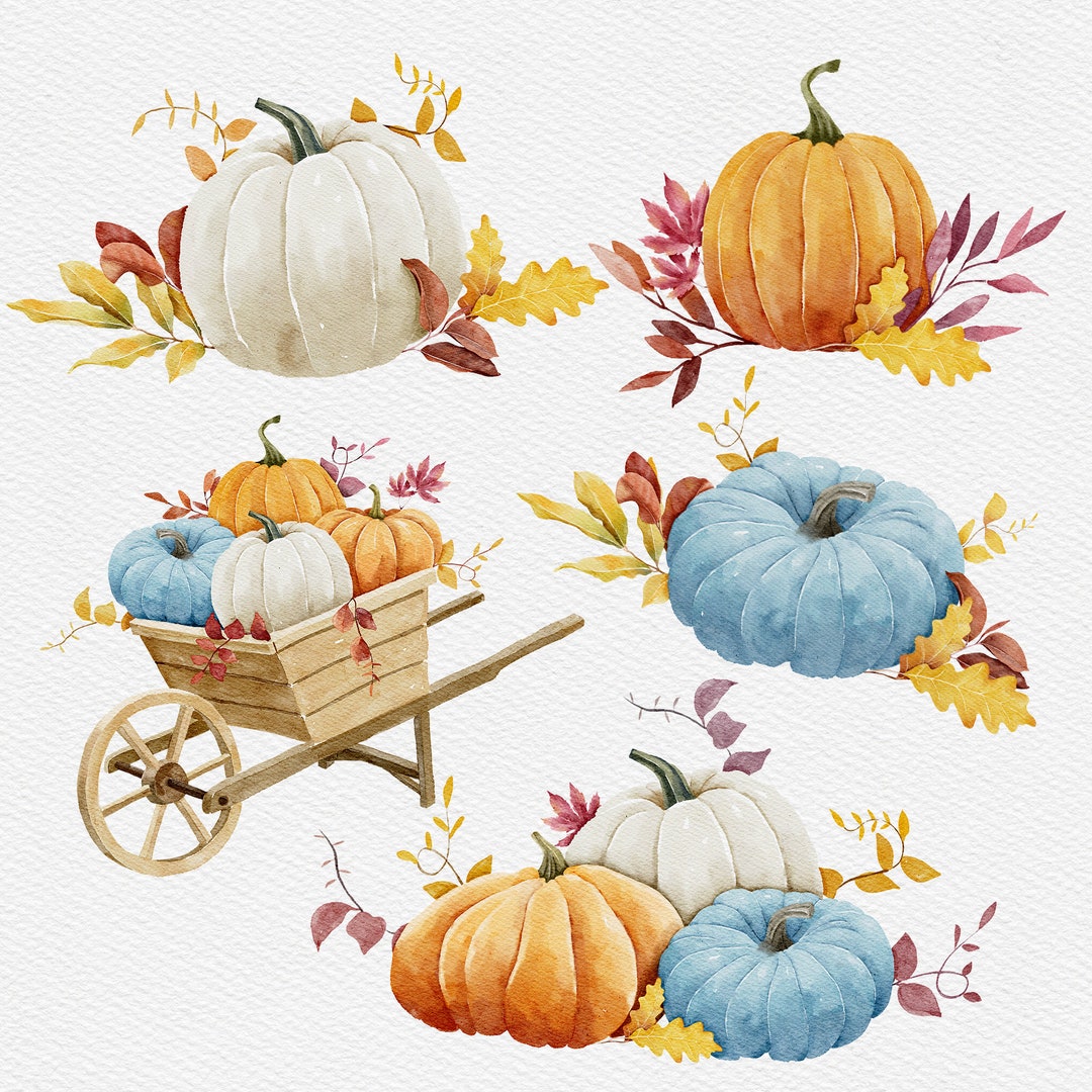 15 Watercolor Pumpkins With Autumn Leaves Clipart, Pumpkin PNG, Fall ...