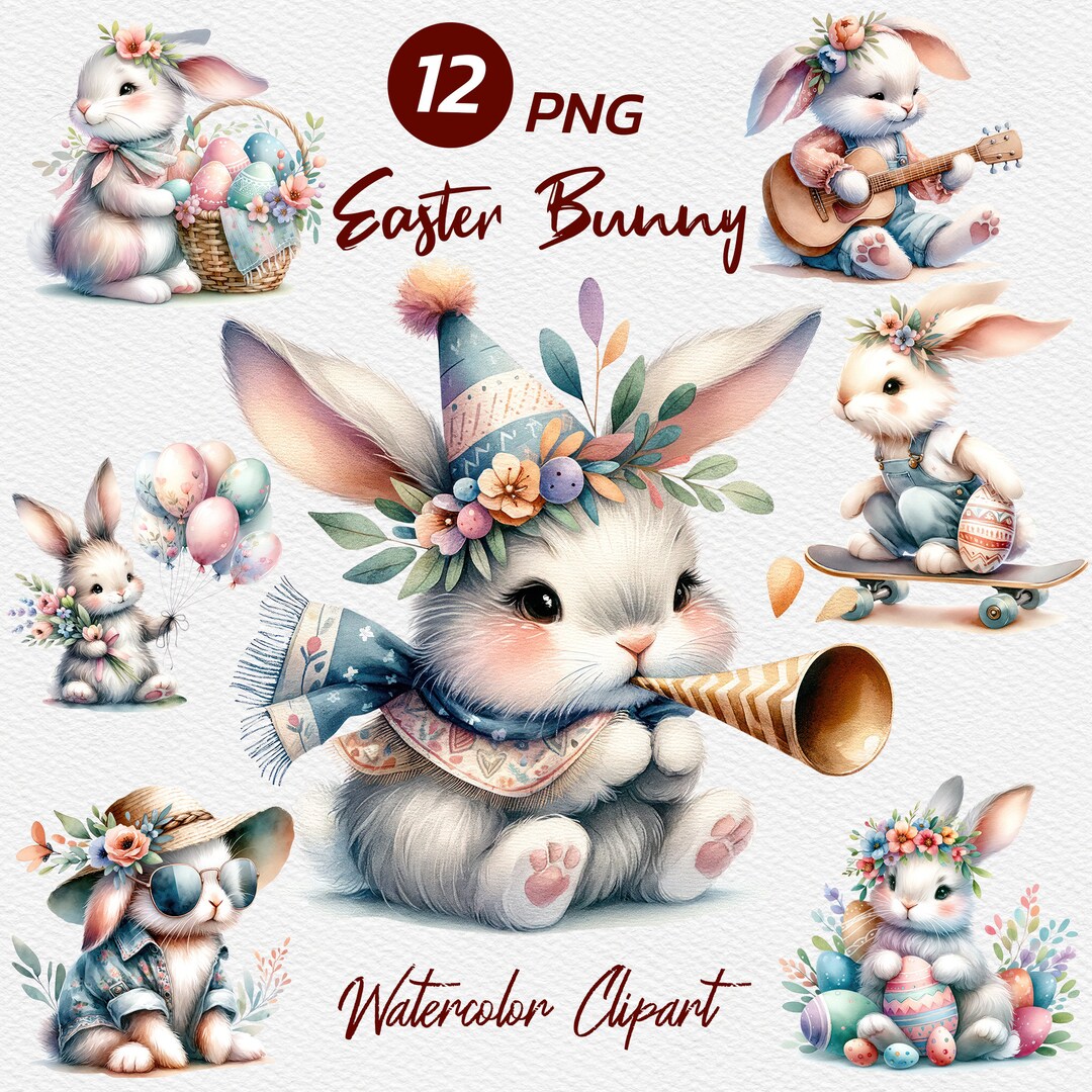 Watercolor Easter Bunny Clipart, Easter Clipart, Spring, Cute Bunnies ...