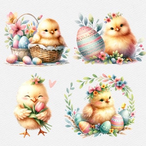 20 Watercolor Easter Chick Clipart, Cute Chick Clipart, Spring Flowers ...