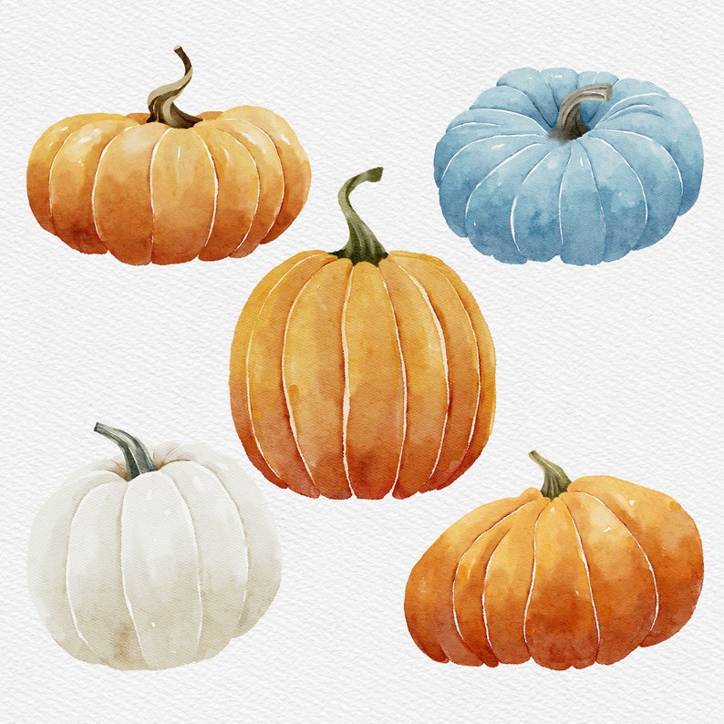 15 Watercolor Pumpkins With Autumn Leaves Clipart, Pumpkin PNG, Fall ...