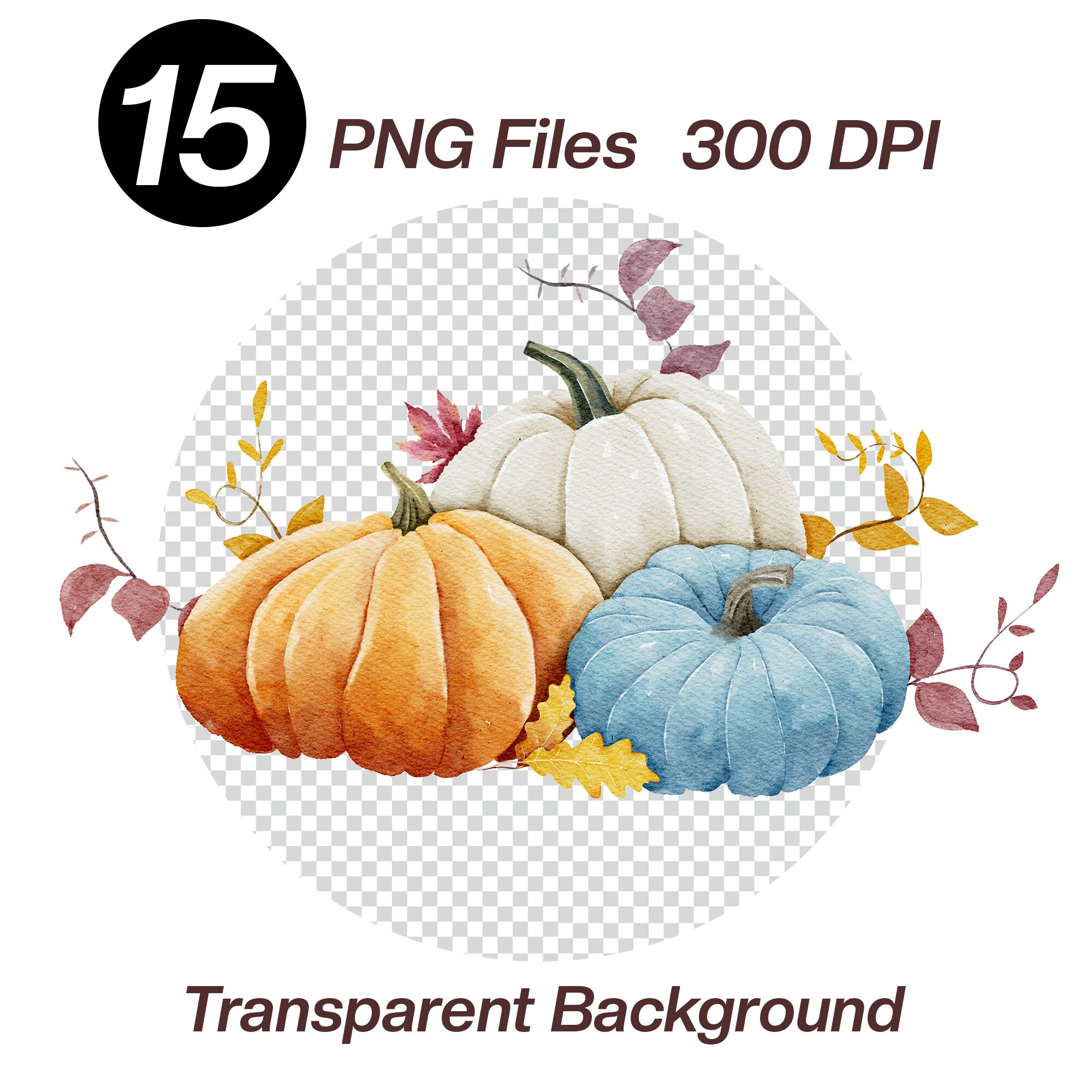 15 Watercolor Pumpkins With Autumn Leaves Clipart, Pumpkin PNG, Fall ...