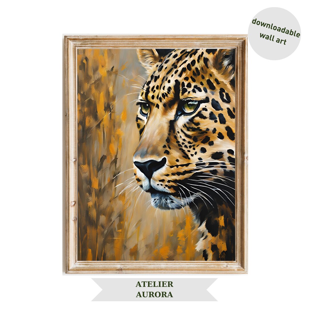 Golden Leopard Oil Painting Wall Art, Wildlife Safari Decor, Abstract ...