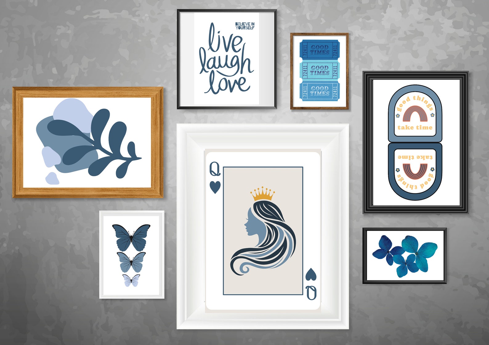 Blue Preppy Wall Art Set: Queen of Hearts, Butterfly (digital Download ...