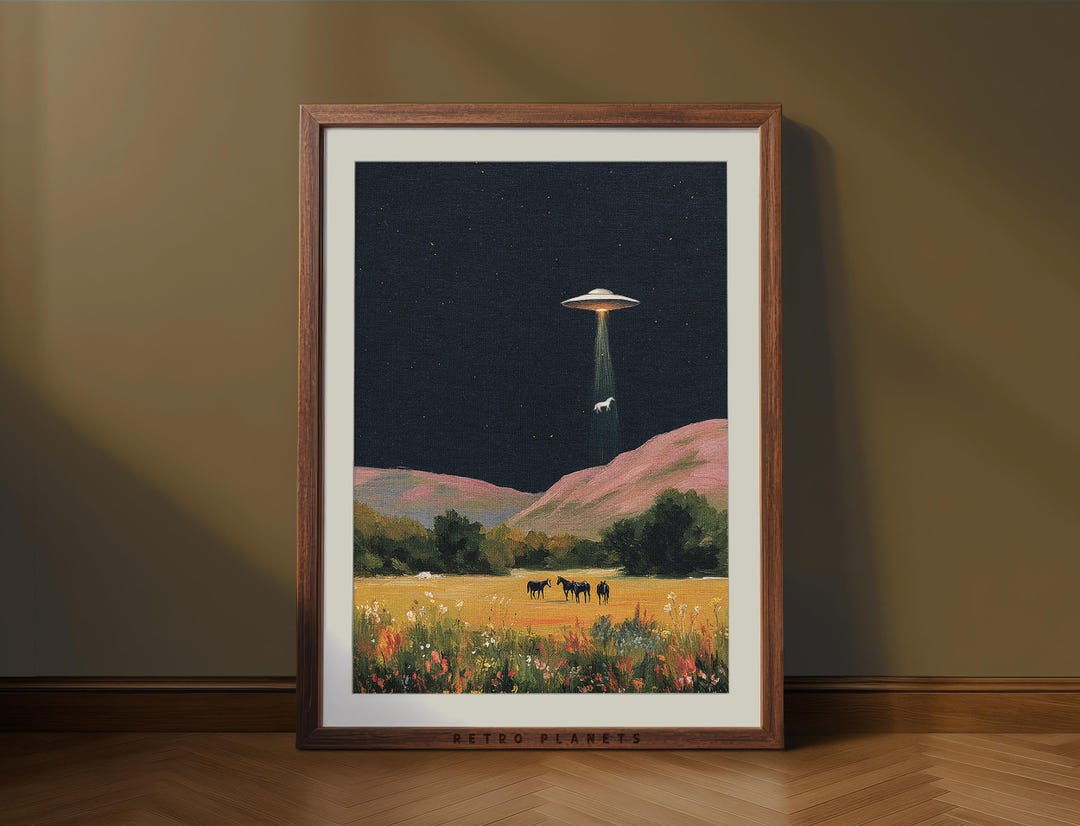 UFO Horse Abduction Wall Art Print – Retro Sci-fi Western Landscape ...